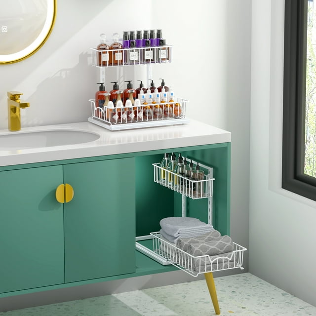 2-Tier Metal Under Sink Organizer, Pull Out Cabinet Organizer Sliding ...