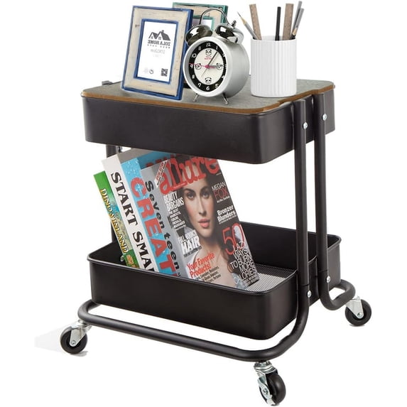 2-Tier Metal Utility Rolling Cart Storage Organizer with Cover Board ...