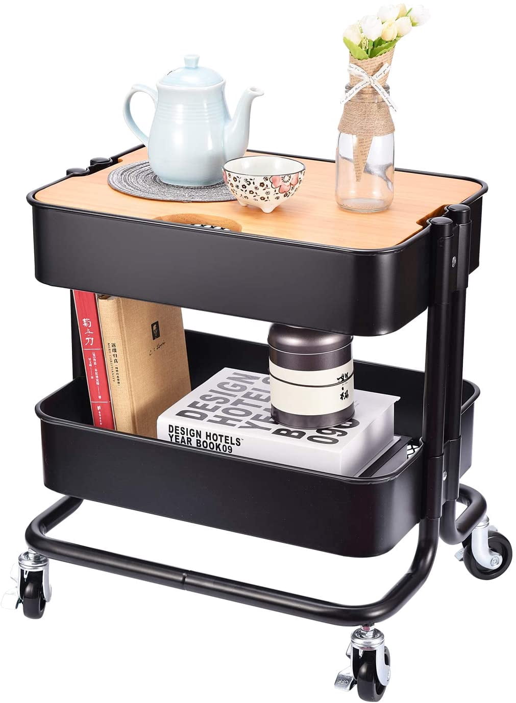 2-Tier Metal Utility Rolling Cart Storage Side End Table with Cover ...