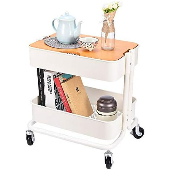 2-Tier Metal Utility Rolling Cart Storage Side End Table with Cover ...