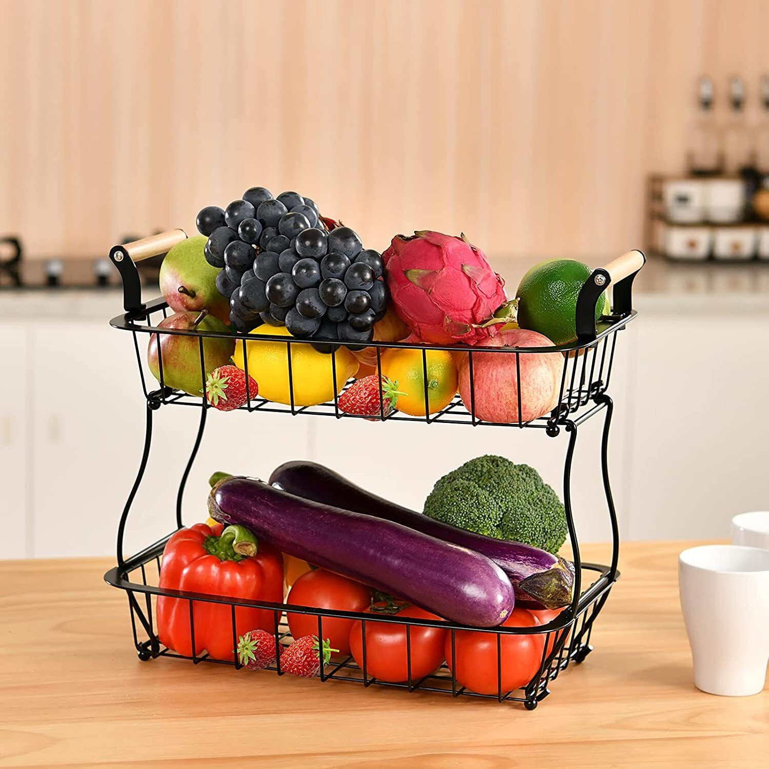 2-Tier Metal Wire Fruit Basket Storage Rack Kitchen Vegetable Holder w ...