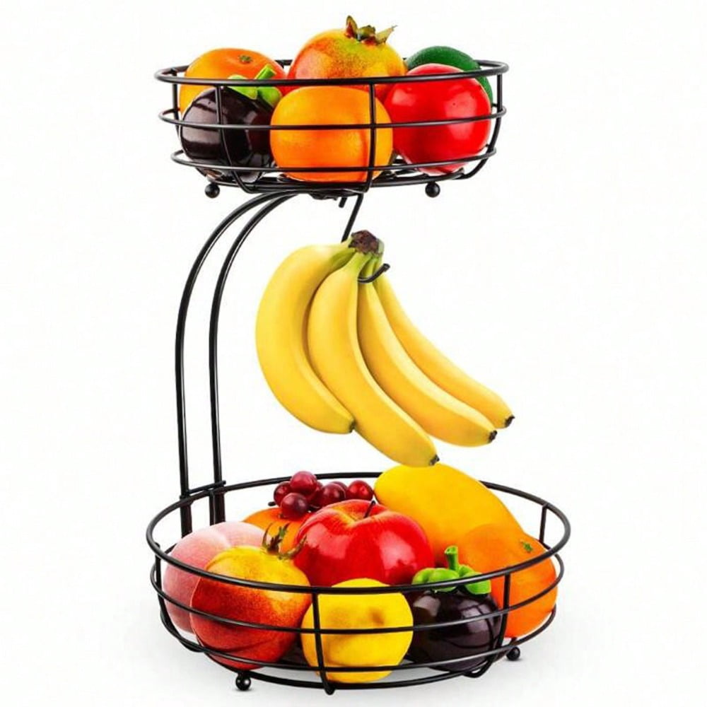 2-Tier Metal Wire Fruit Basket With One Banana Hangers - Kitchen ...