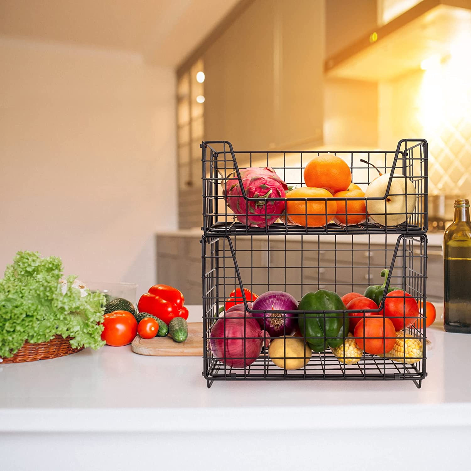 2 Tier Metal Wire Storage Basket Stackable Fruit Vegetable Food ...