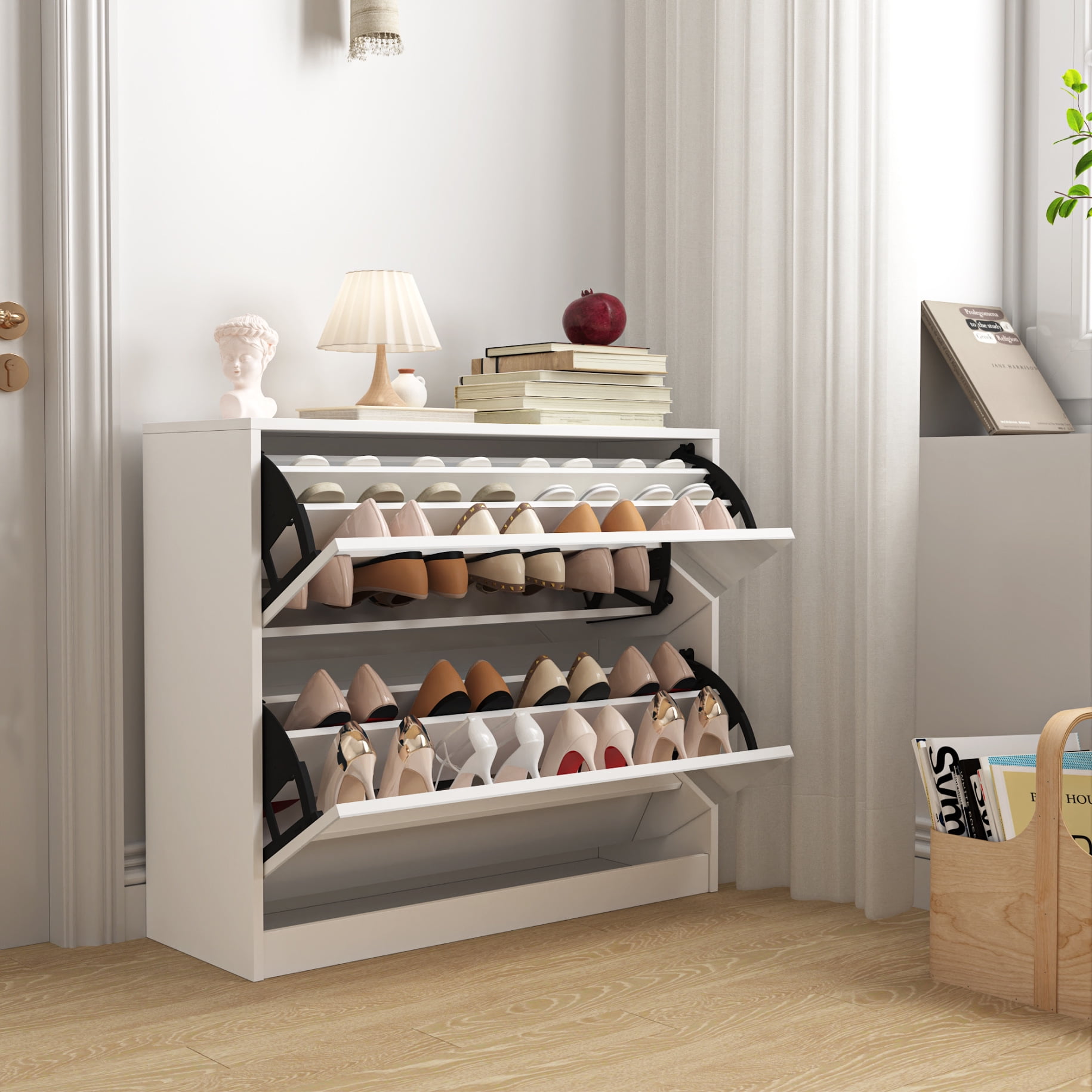 2-Tier Mirror Shoe Storage Cabinet, Compact Hidden Shoe Rack with Flip ...