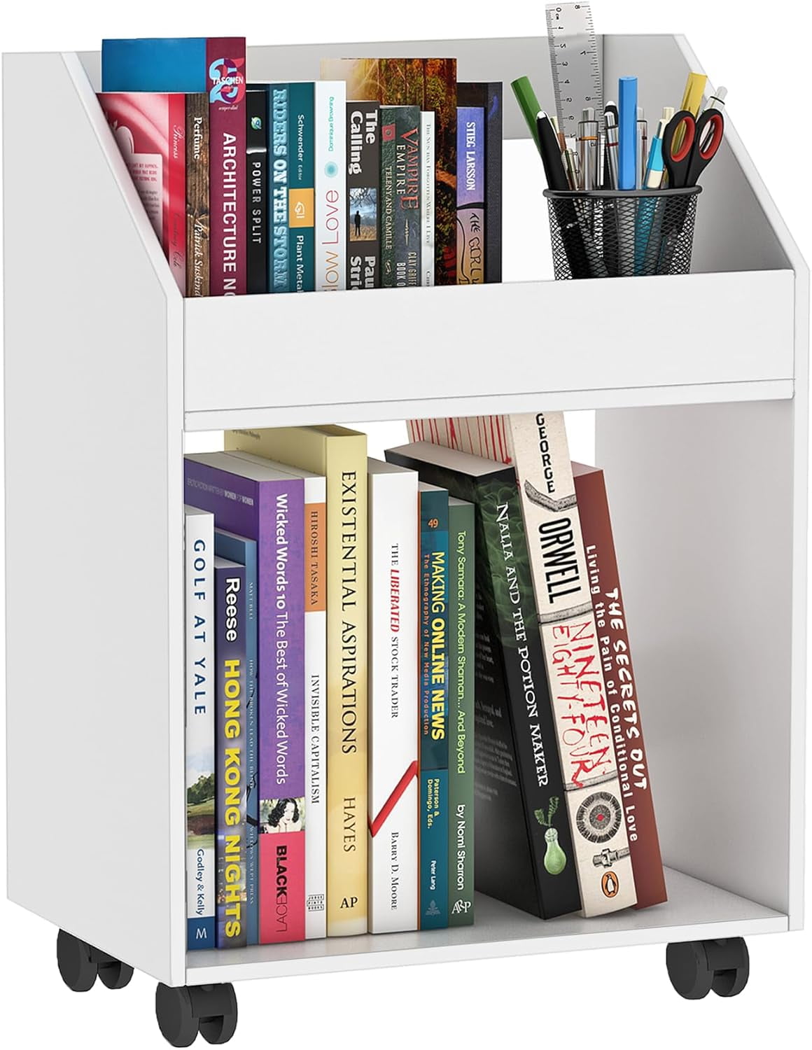 2-Tier Mobile Bookshelf, White Bookcase with Wheels, Rolling File ...