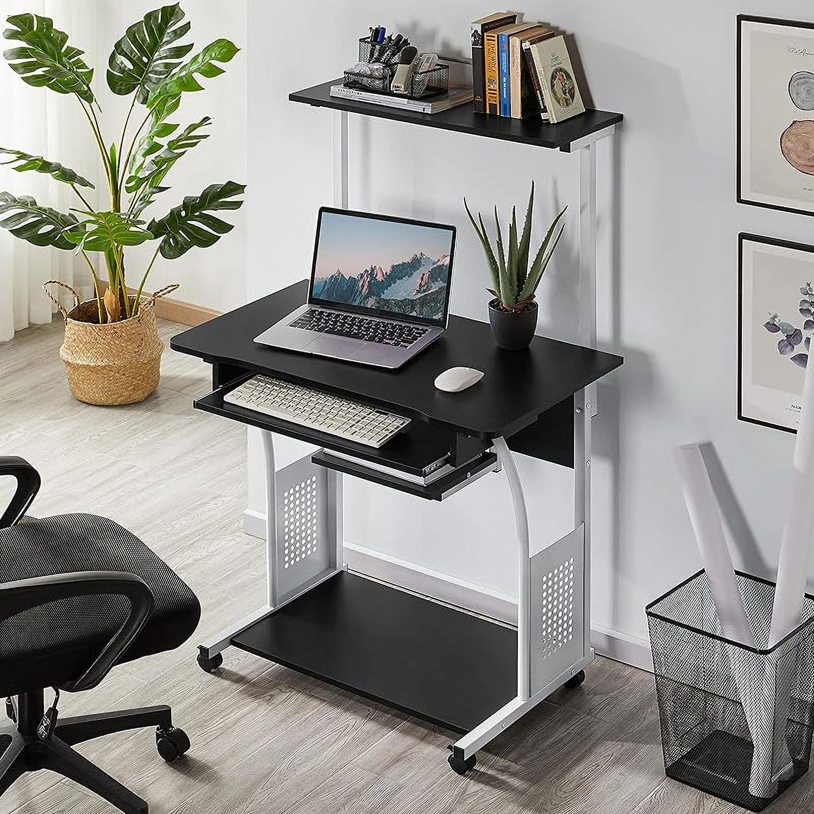 2 Tier Mobile Computer Desk with Printer Shelf & Keyboard Tray Rolling ...