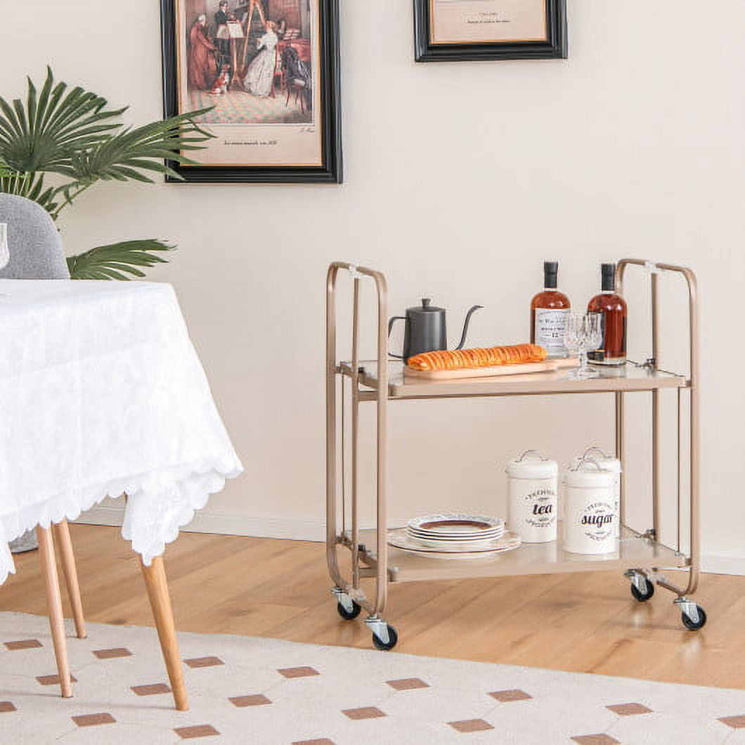 2-Tier Mobile Serving Cart with Tempered Glass Shelf-Golden - Walmart.com