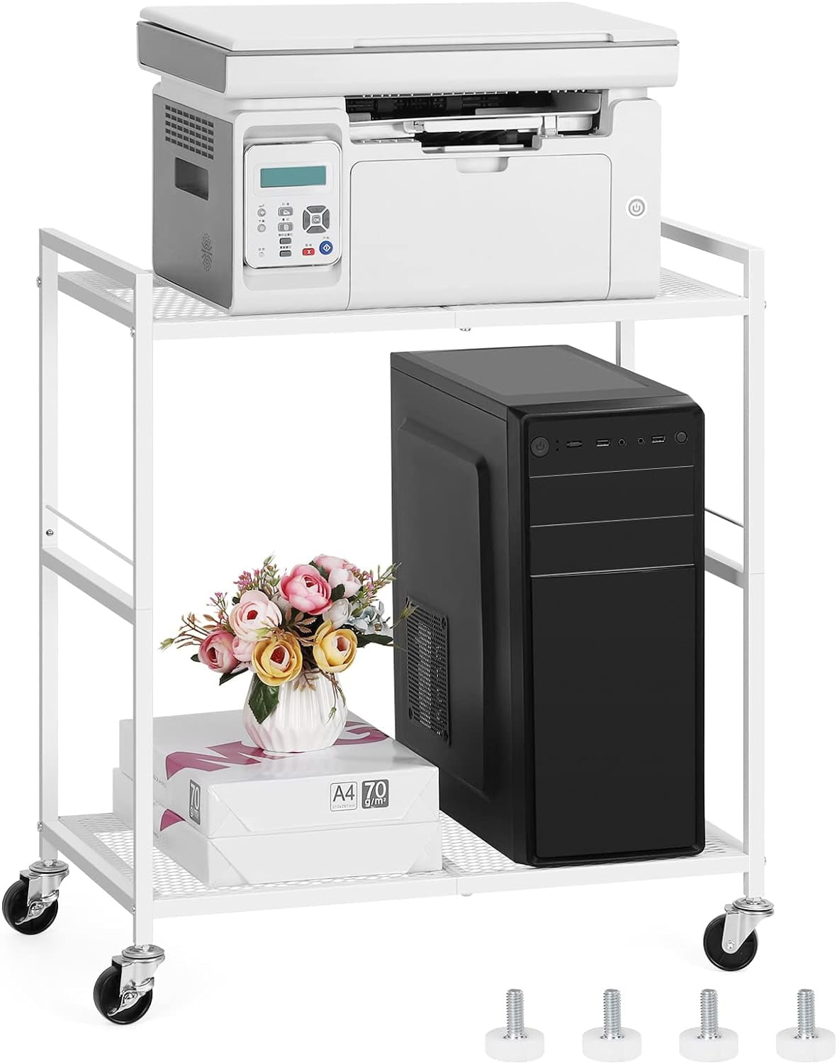 2-Tier Mobile Storage Rack With Metal Swivel Wheels, Rolling Printer ...