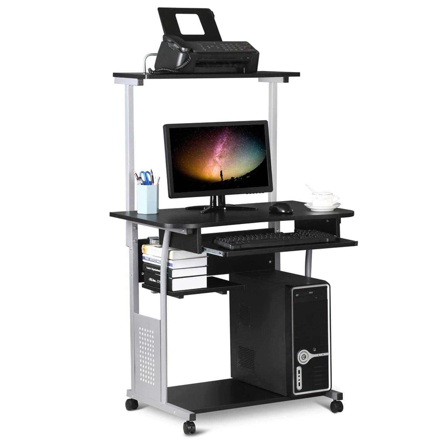 2 Tier Mobile Workstation with Printer Shelf and Keyboard Tray, Compact ...