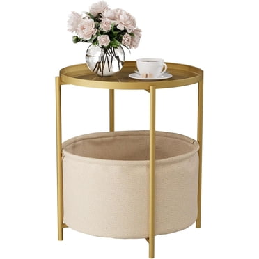 Gold Round Side Table with Fabric Storage Basket, Removable Tray Top ...