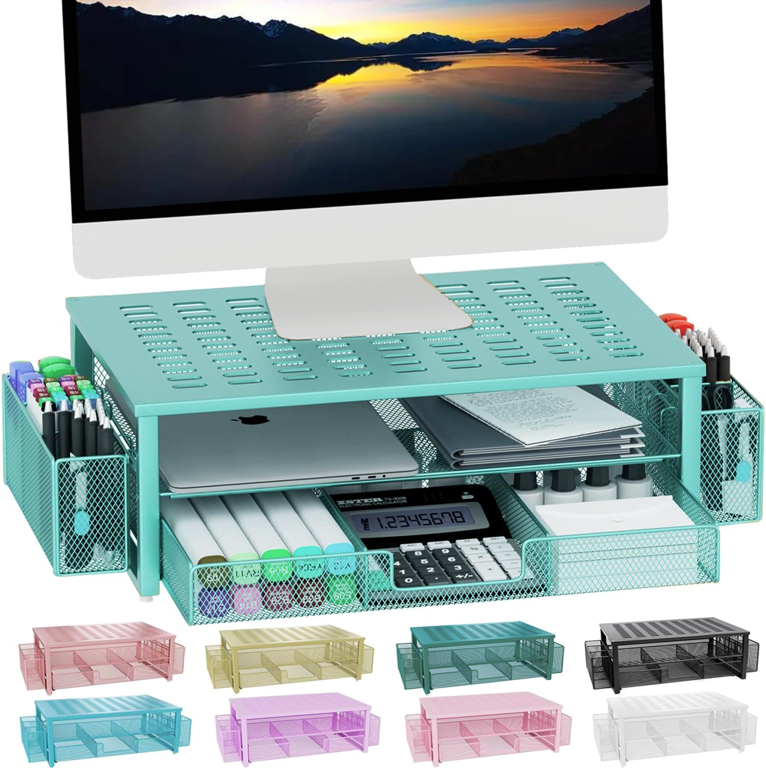 2-Tier Monitor Riser with Drawer and Pen Holder, Blue Desk Accessories ...