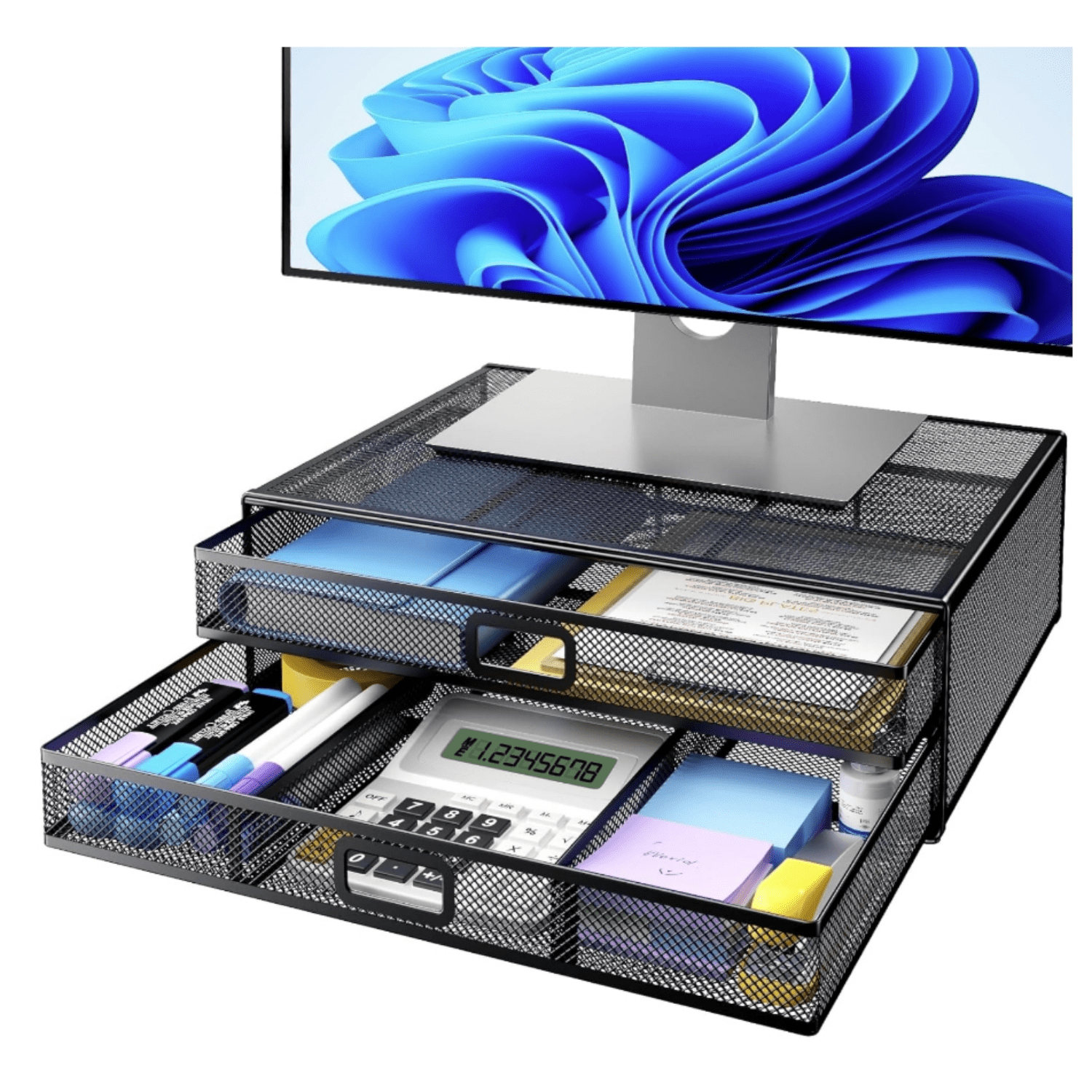 2 Tier Monitor Stand, Metal Monitor Riser with Drawer, Desk Organizer ...