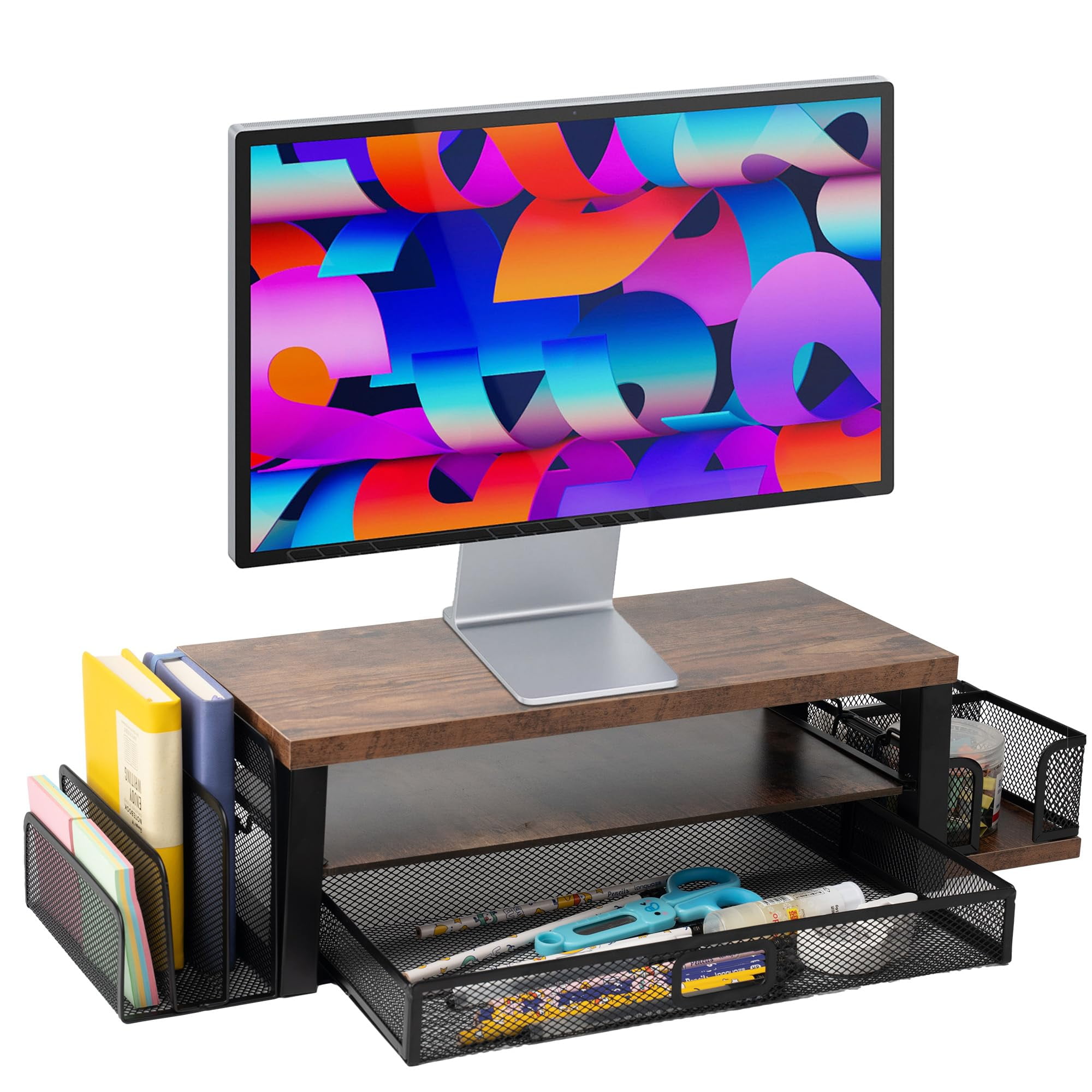 2-Tier Monitor Stand Riser & Computer Desk Organizer with Drawer & Mail ...