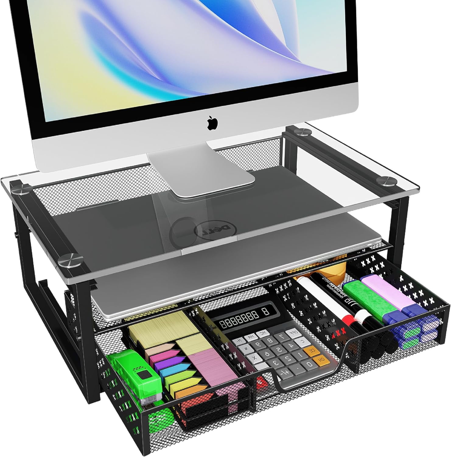 2-Tier Monitor Stand Riser, Glass Metal Computer Desk Organizer with ...