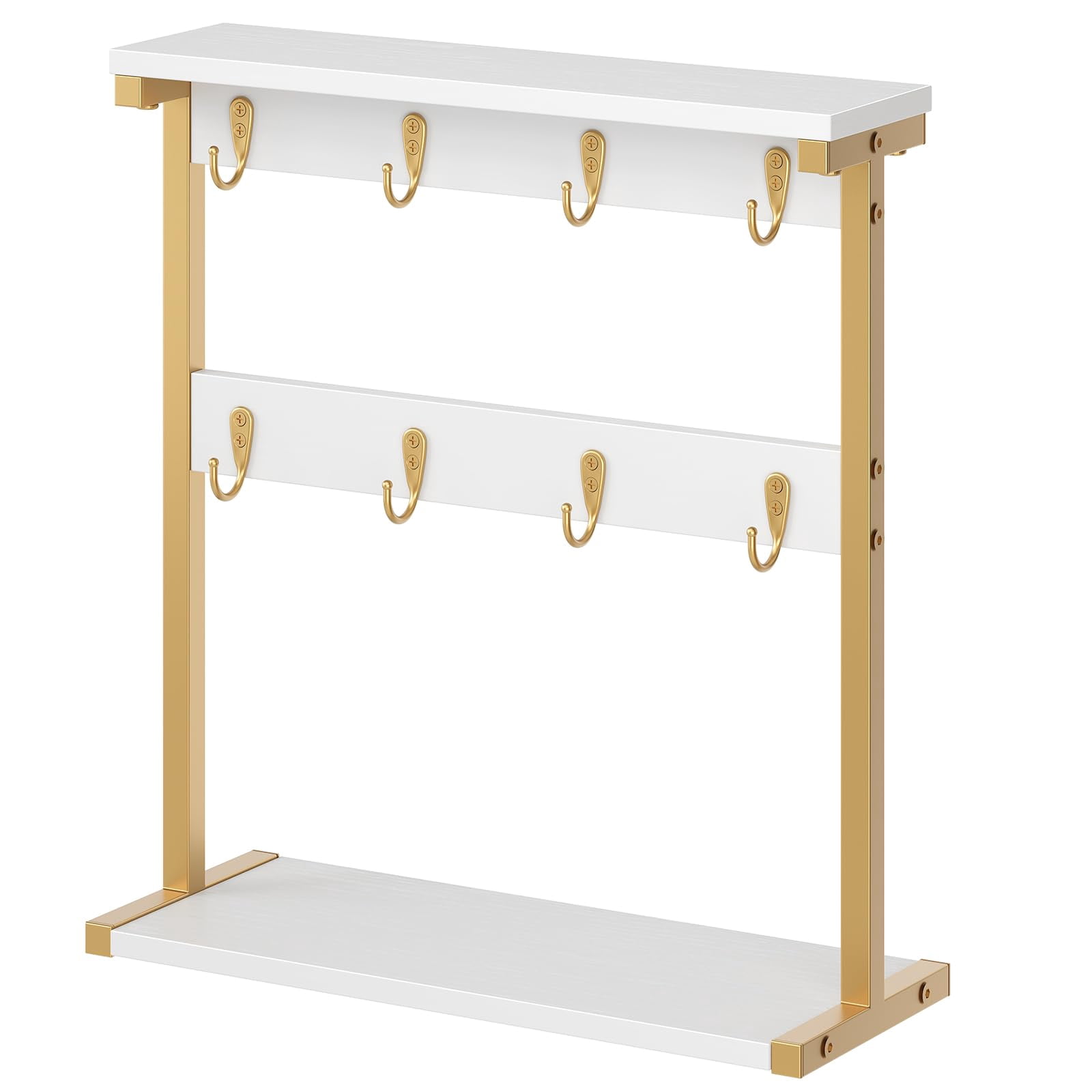 2 Tier Mug Tree Rack with 8 Hooks and 2 Open Shelves White + Gold Home ...