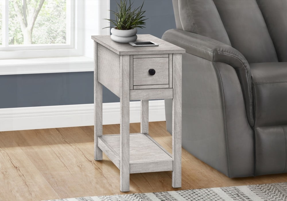 2 Tier, Narrow 24 Inch High Accent Table in Grey Veneer - Bedroom End ...