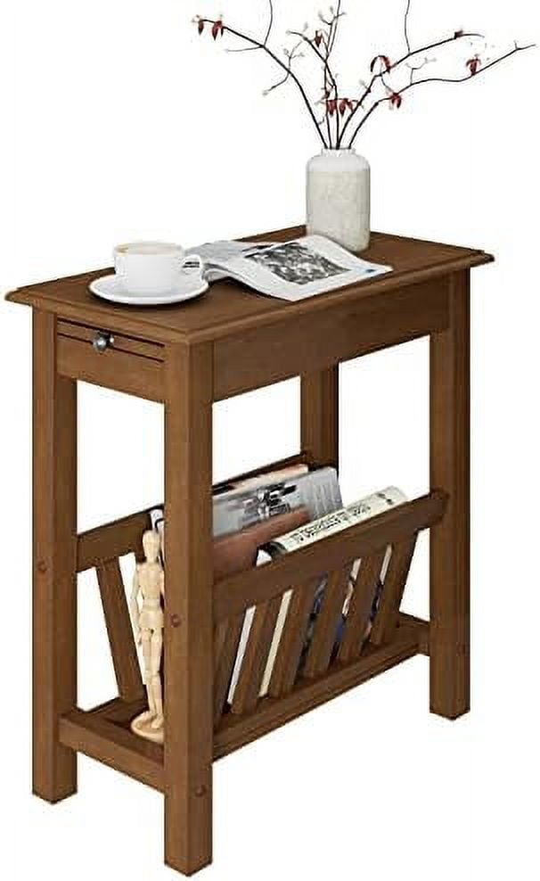 2-Tier Narrow End Table w/Pull-Out Tray & Solid Rubber Wood Legs & Open ...