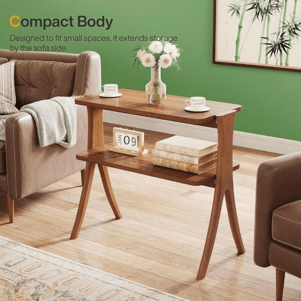 2-Tier Narrow Side Table, Walnut Wood Grain, Herringbone Legs for ...