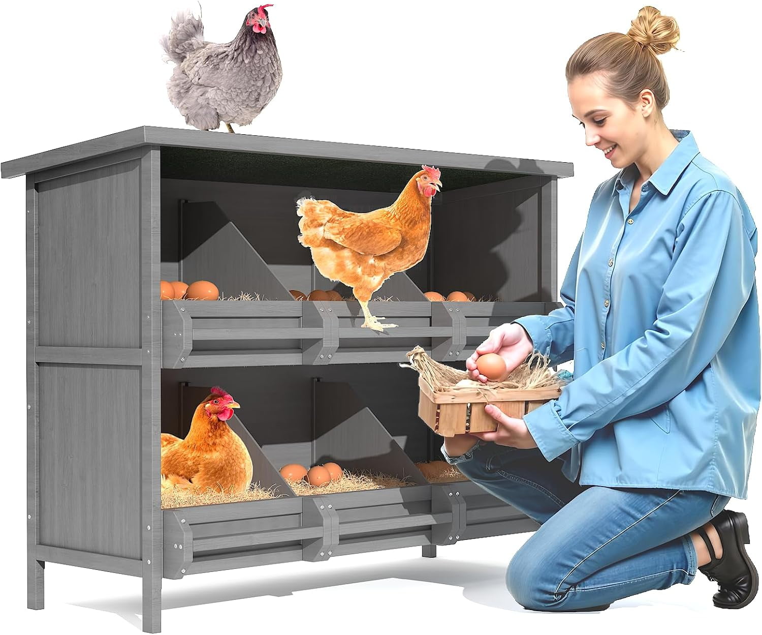 2-Tier Nesting Boxes for Chickens, 6-Compartment, Wooden Chicken ...