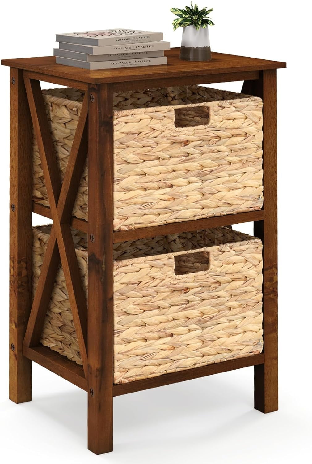 2-Tier Nightstand with 2 Wicker Baskets, Wooden X-Design Side Table End ...