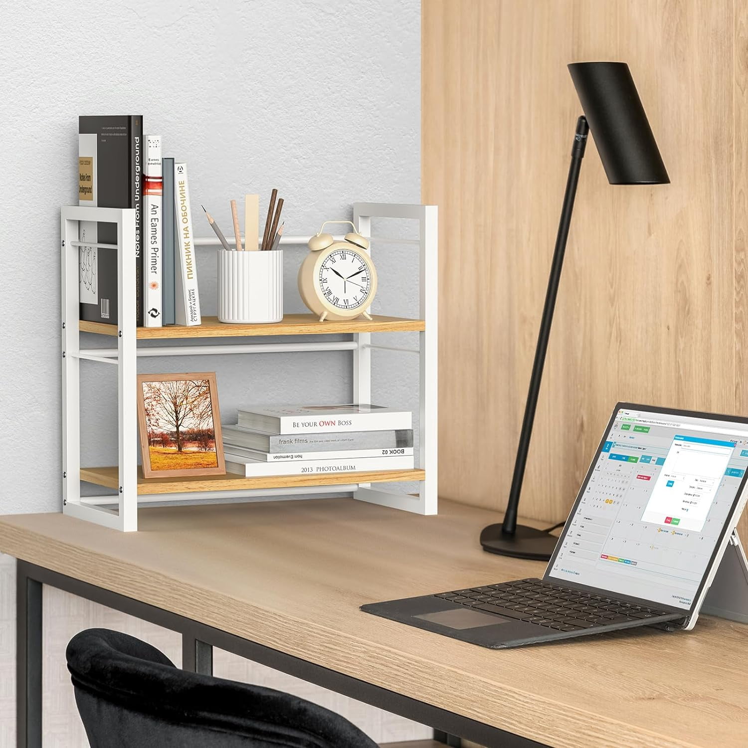 2-Tier Office Desk Shelf Organizer, White Wood Desktop Bookshelf for ...