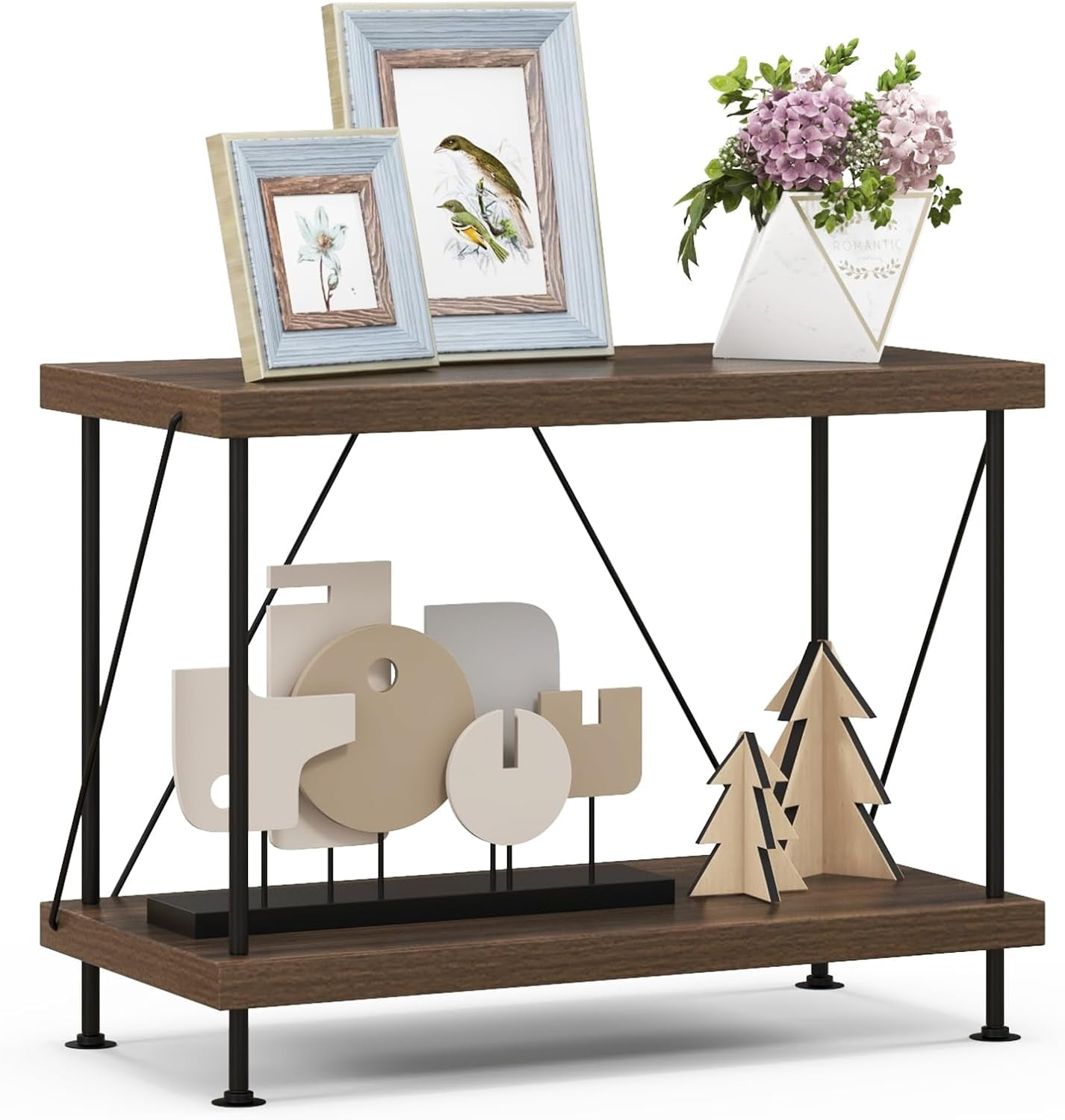 2-Tier Open-Back Bookshelf, Freestanding Display Rack, Metal Frame ...