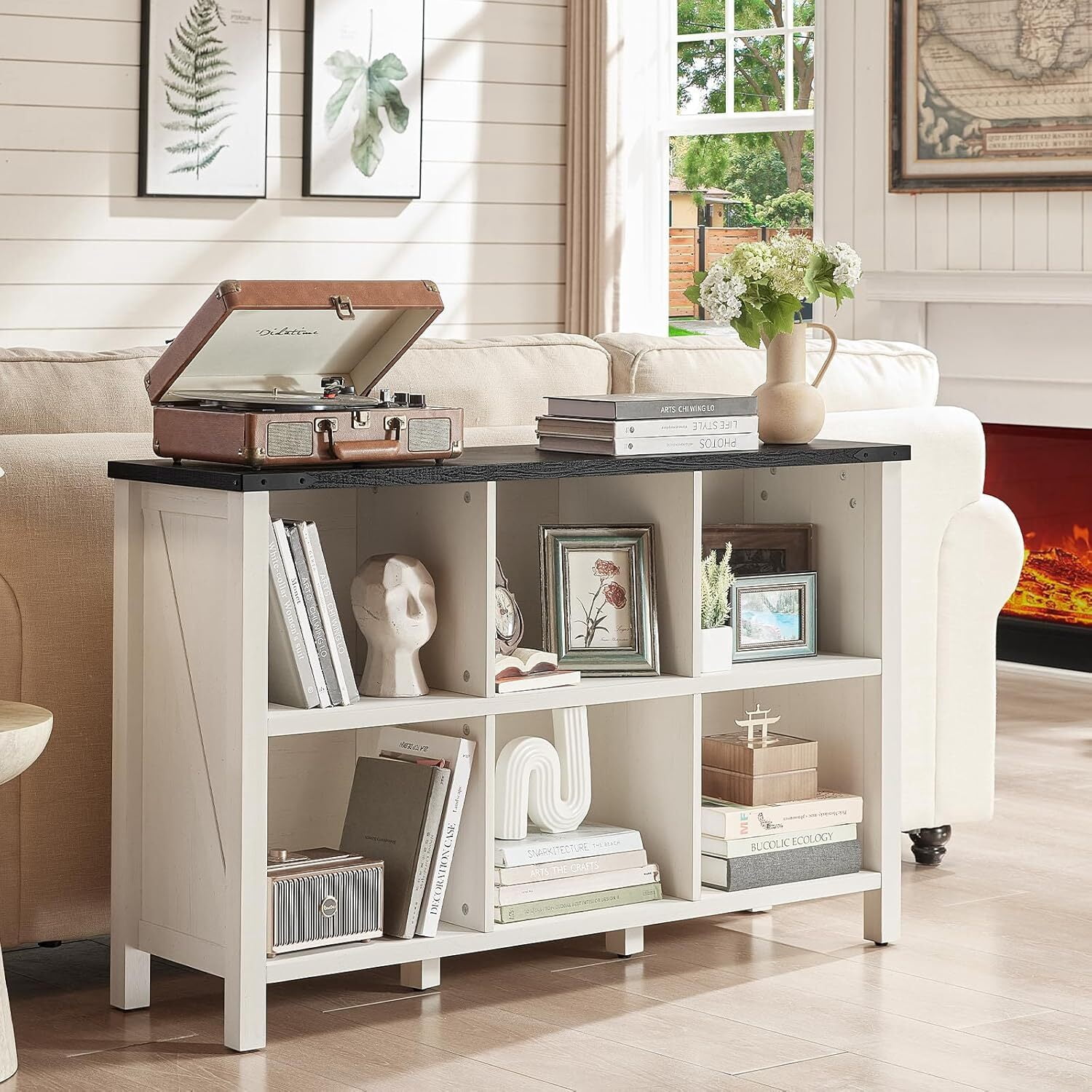 2 Tier Open Book Shelf, Wood and Metal 6 Cube Storage Organizer, Modern ...