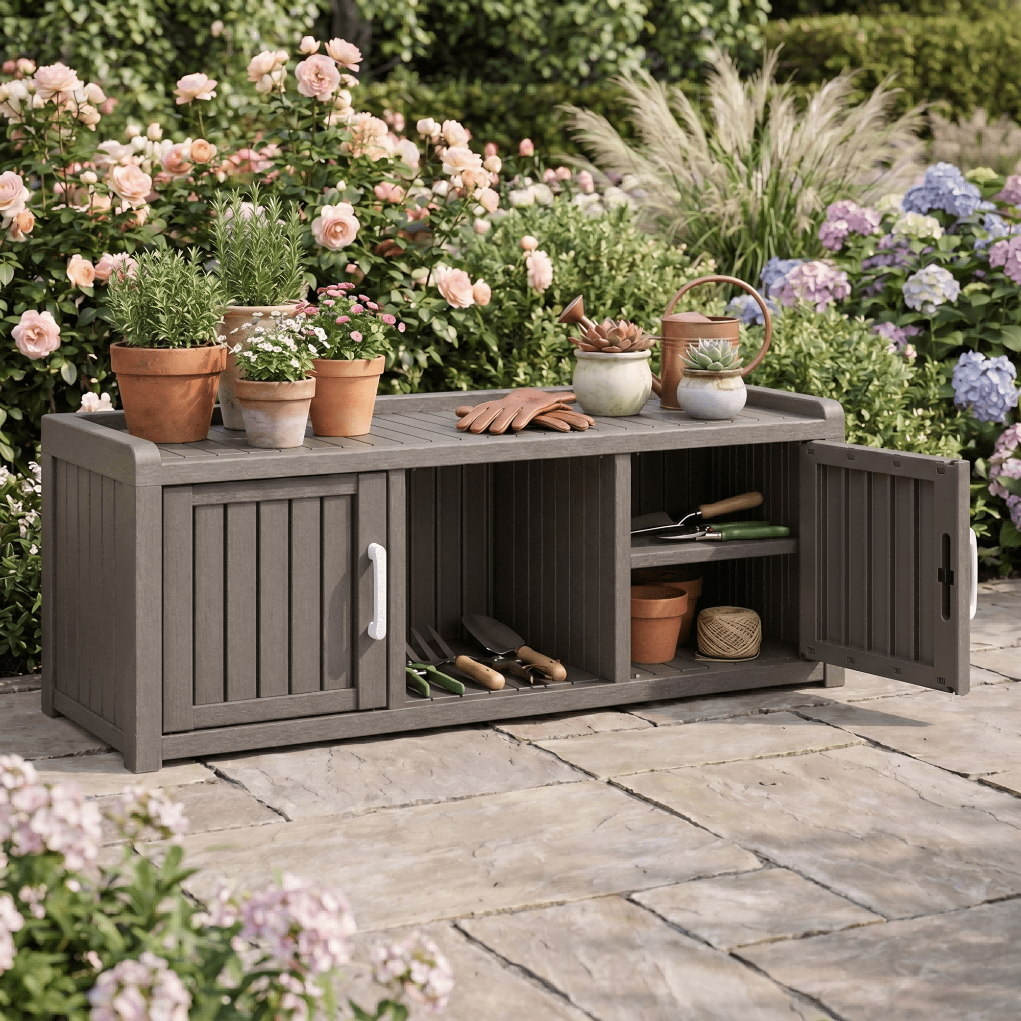 2-Tier Outdoor Garden Storage Cabinet, Waterproof UV-Resistant Entryway ...