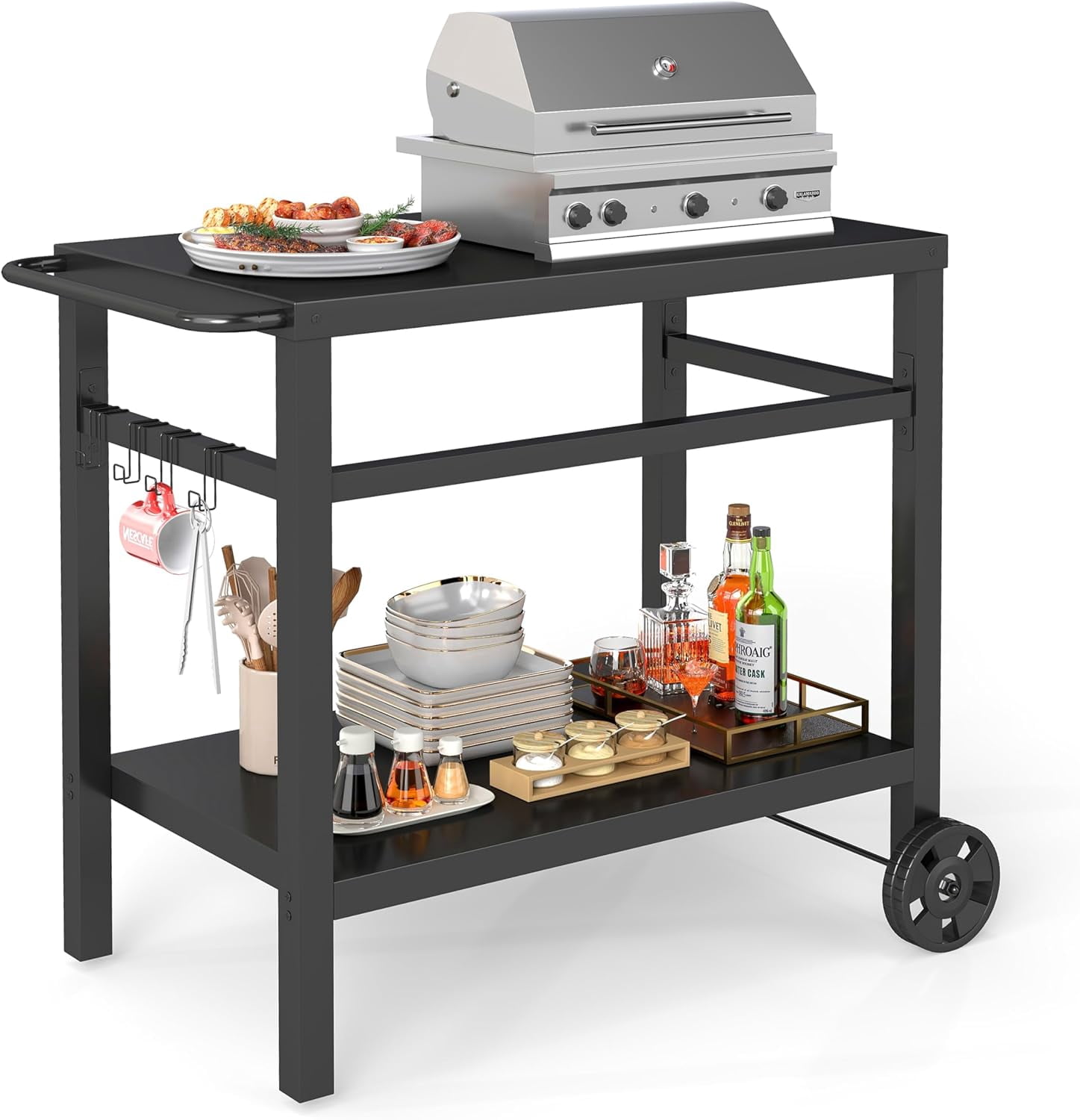 2-Tier Outdoor Grill Table, 34" Metal Top BBQ Prep Cart with Wheels ...