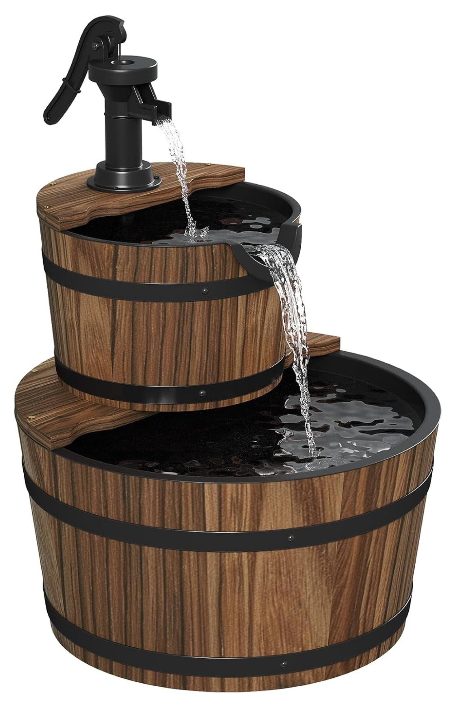 2-Tier Outdoor Water Fountain, Wood Cascading with Electric Decorative ...