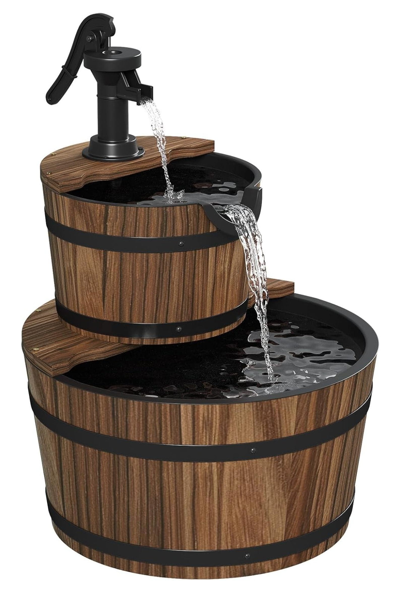 Outdoor Water Fountain 2-Tier Wood Cascading, Electric Hand Pump ...