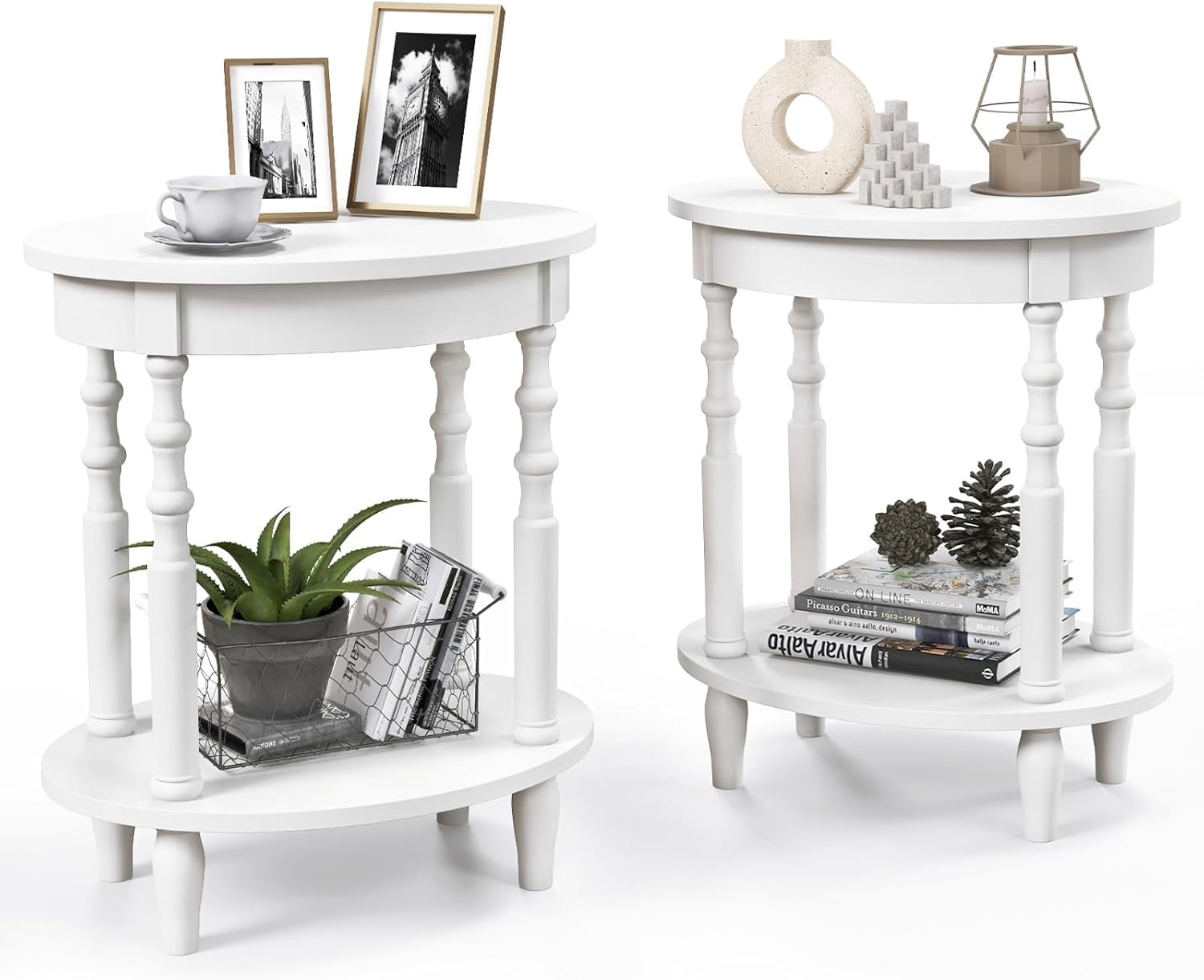 **2-tier oval end table set of 2, sofa side table with storage shelf ...