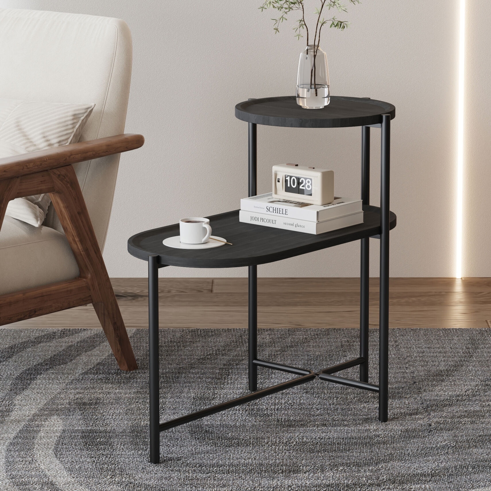 2 Tier Oval End Tables Wooden Small Side Table, 27" Round Coffee Table ...