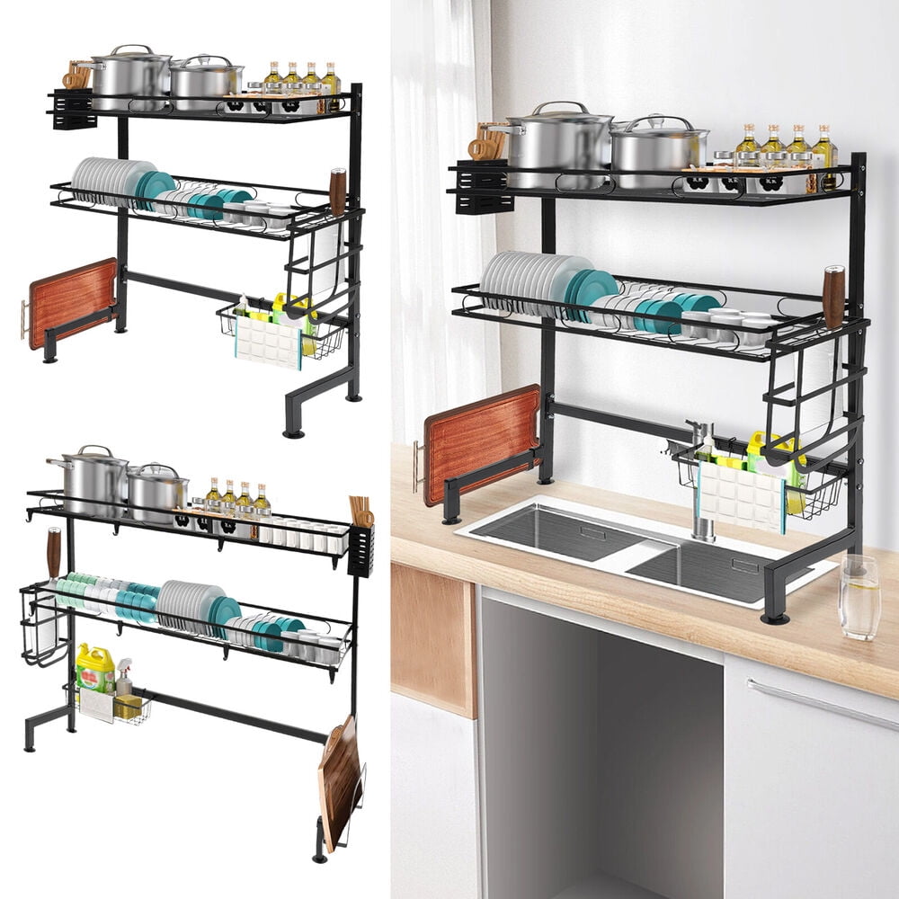 2 Tier Over Sink Dish Drying Rack Cutlery Drainer Kitchen Shelf Cup ...