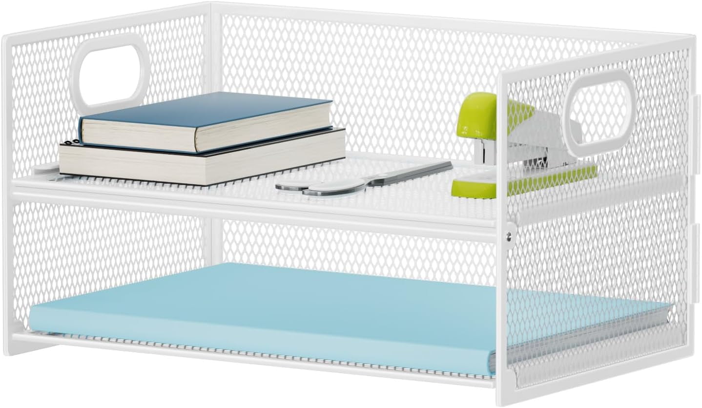 2 Tier Paper Organizer Letter Tray, Mesh File Organizer with Handle ...