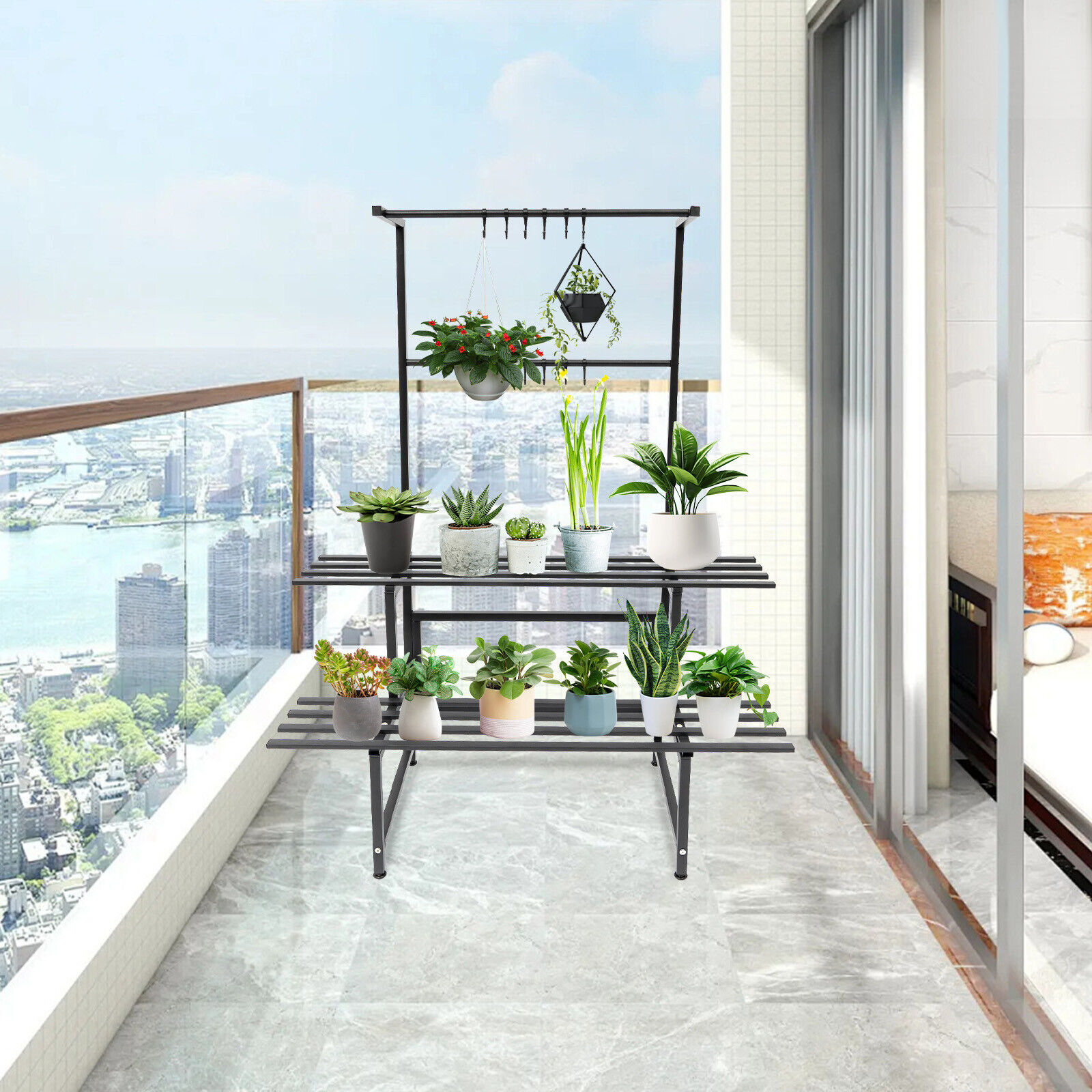 2 Tier Plant Stand with Hanging Rods, Black Modern Metal Plant Holder ...