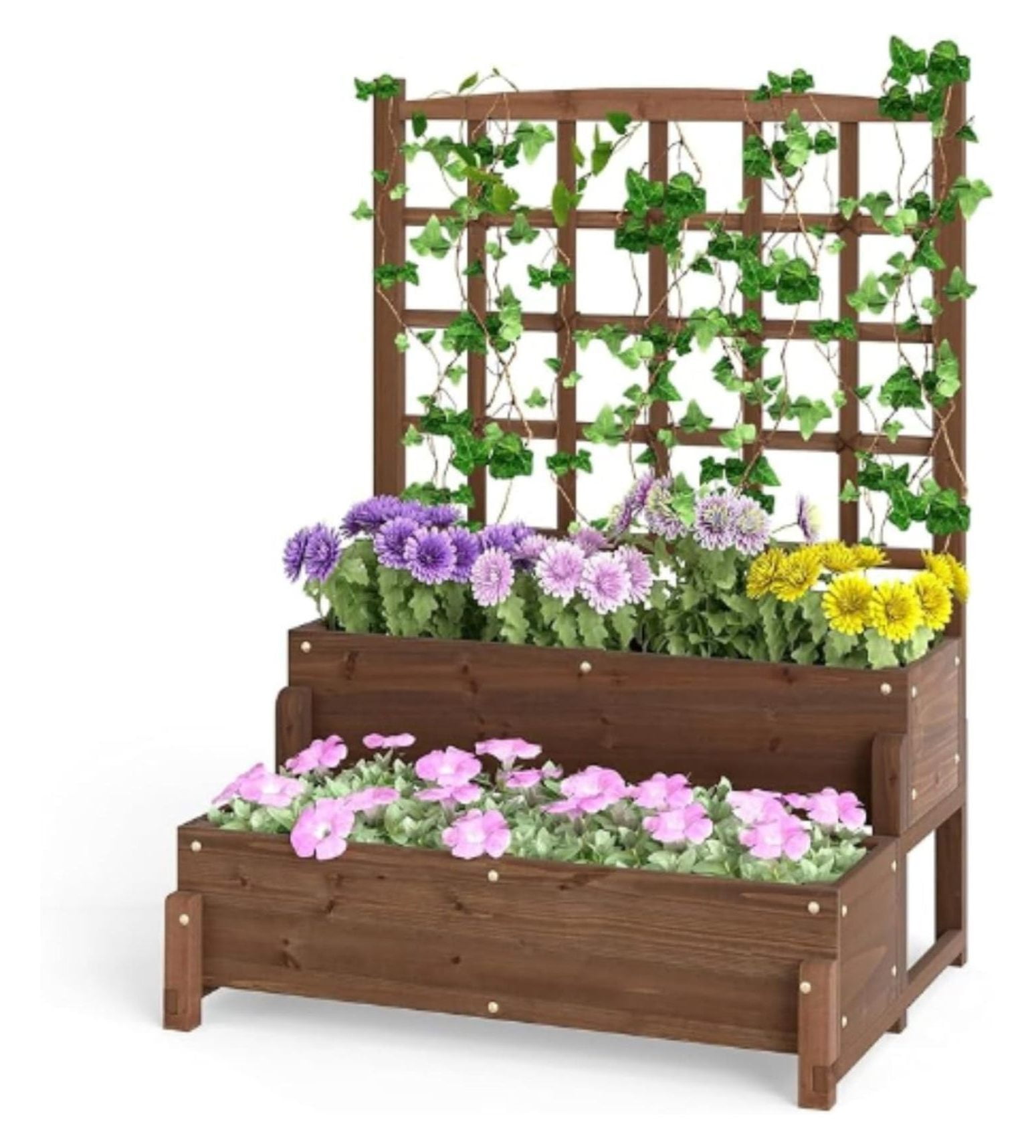 2-Tier Planter Box with Trellis, Wood Garden Freestanding Elevated ...