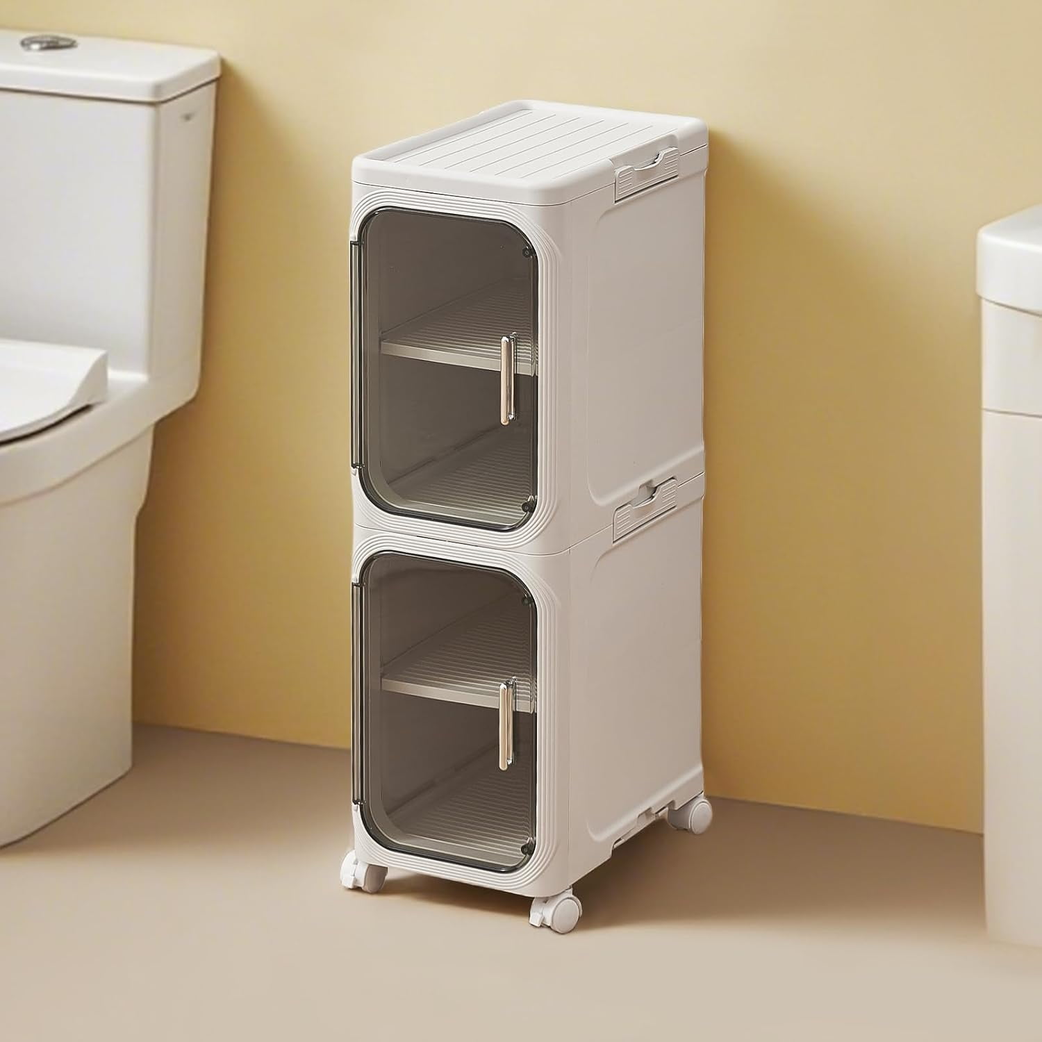 2-Tier Plastic Bathroom Slim Storage Cabinet with Magnetic Doors ...