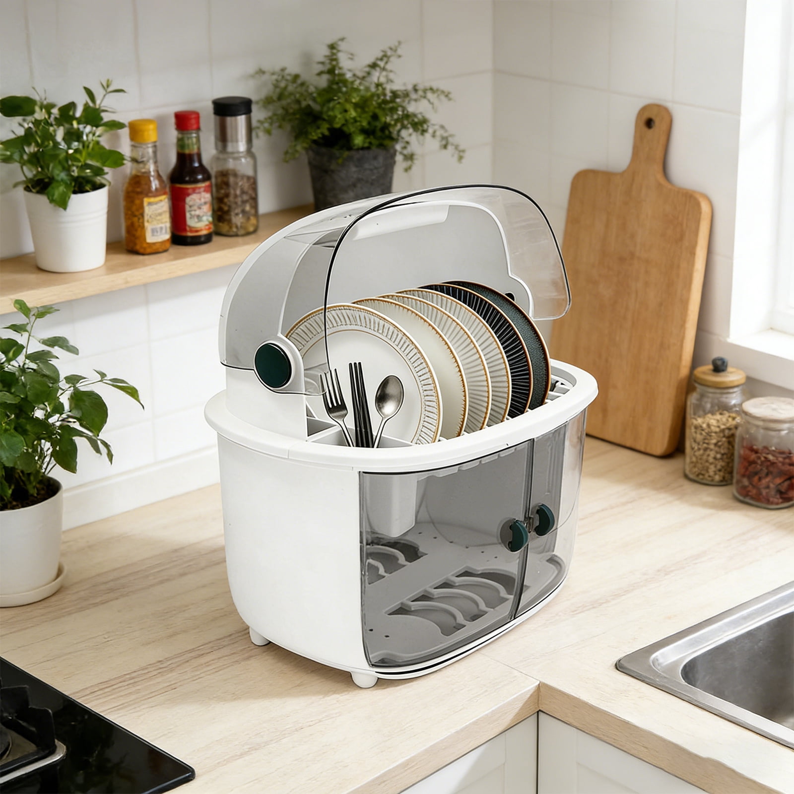 2 Tier Plastic Dish Drying Rack, Drain Board with Lid Cover Cutlery ...