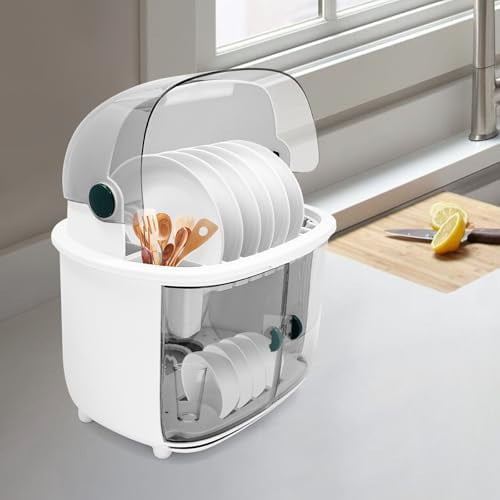 2 Tier Plastic Drying Rack for Kitchen with Cover Removable Drainboard ...