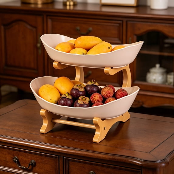 2 Tier Plastic Fruit Bowl With Bamboo Wood Stand for Kitchen Counter ...
