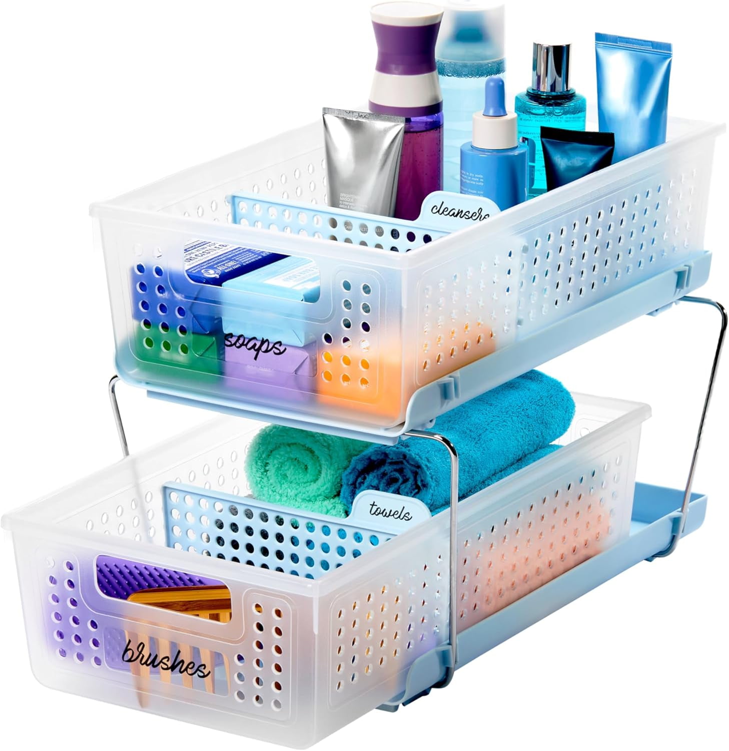 2-Tier Plastic Multipurpose Organizer with Divided Slide-Out Storage ...