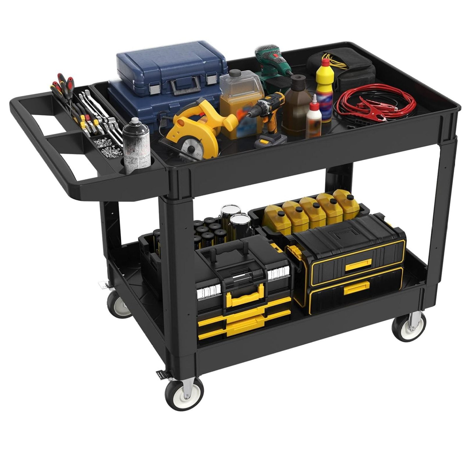 2 Tier Plastic Rolling Cart Utility Cart on Wheels, Heavy Duty Tool Carts with Ergonomic Storage ...