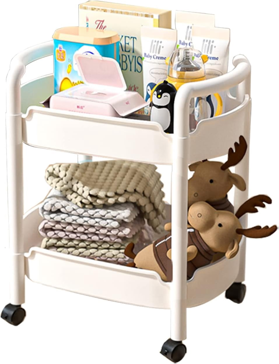 2-Tier Plastic Rolling Utility Cart with Handle Tower Rack Snack Cart ...