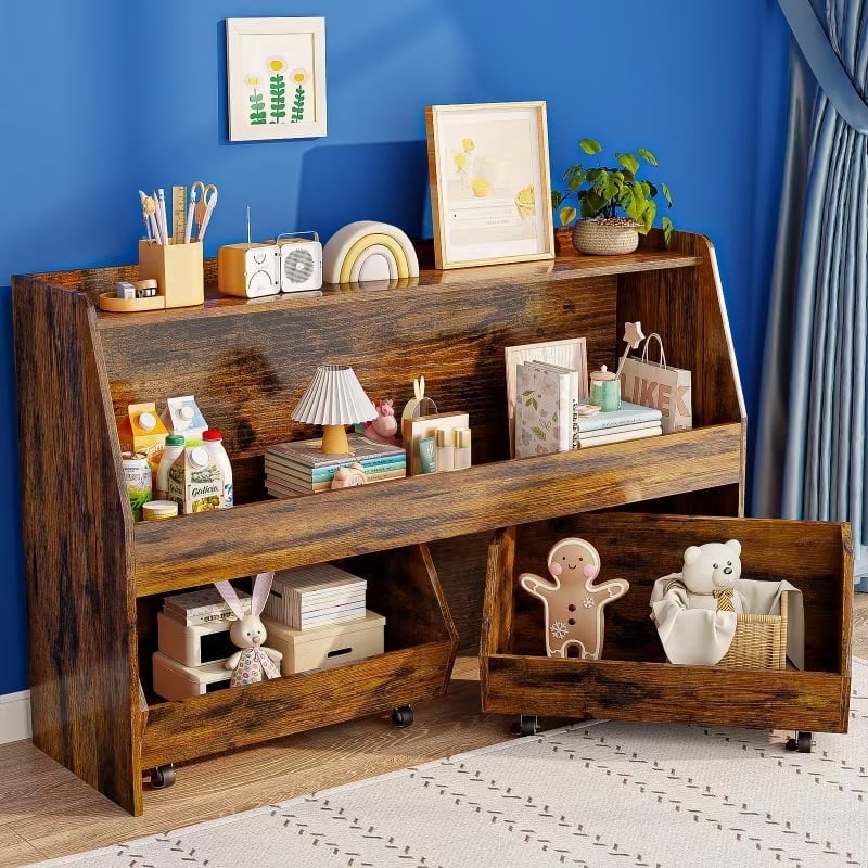 2-Tier Portable Kids Bookshelf with Toy Storage, Toy Organizer W/2 ...