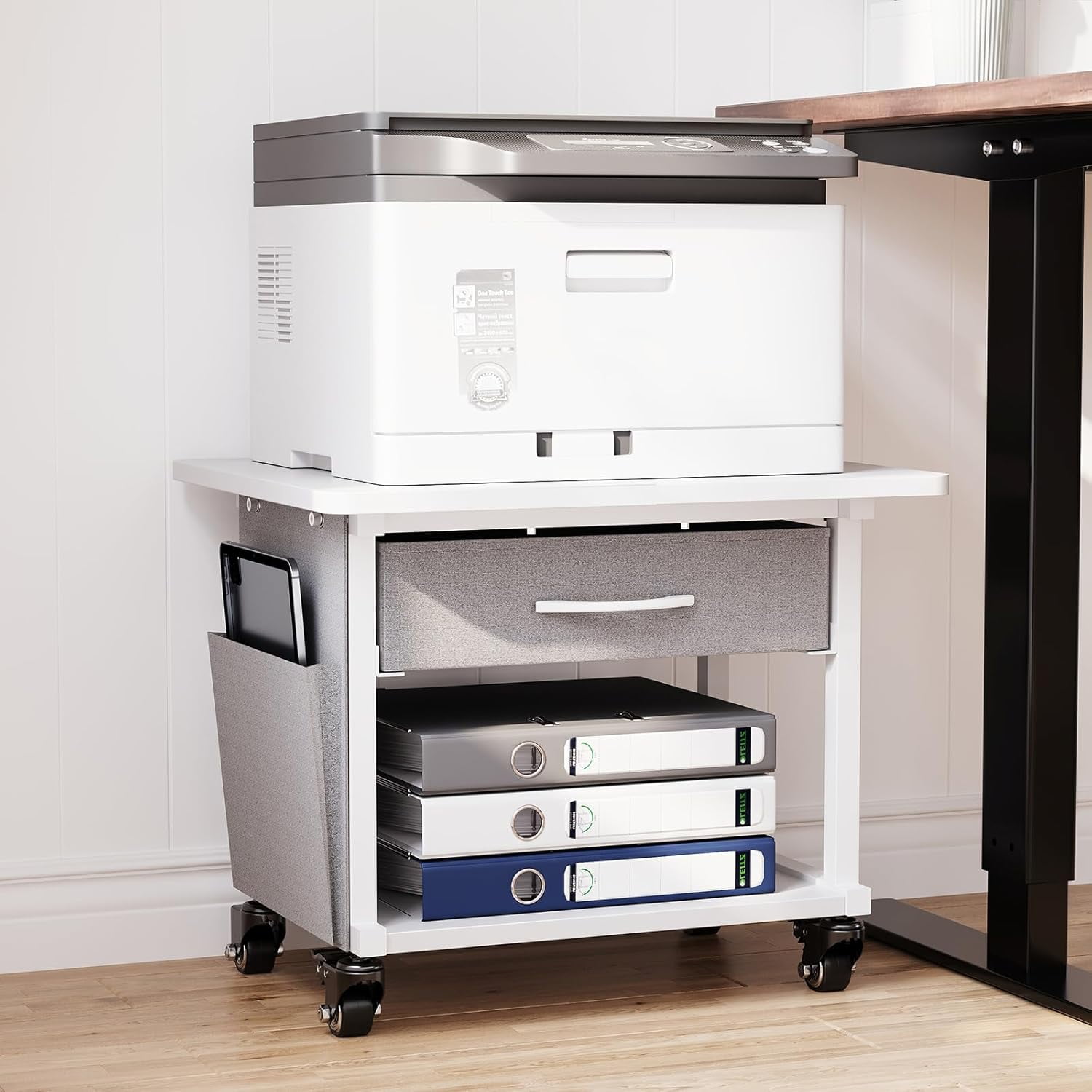 2 Tier Printer Stand with Storage Drawer - Under Desk Rolling Printer ...