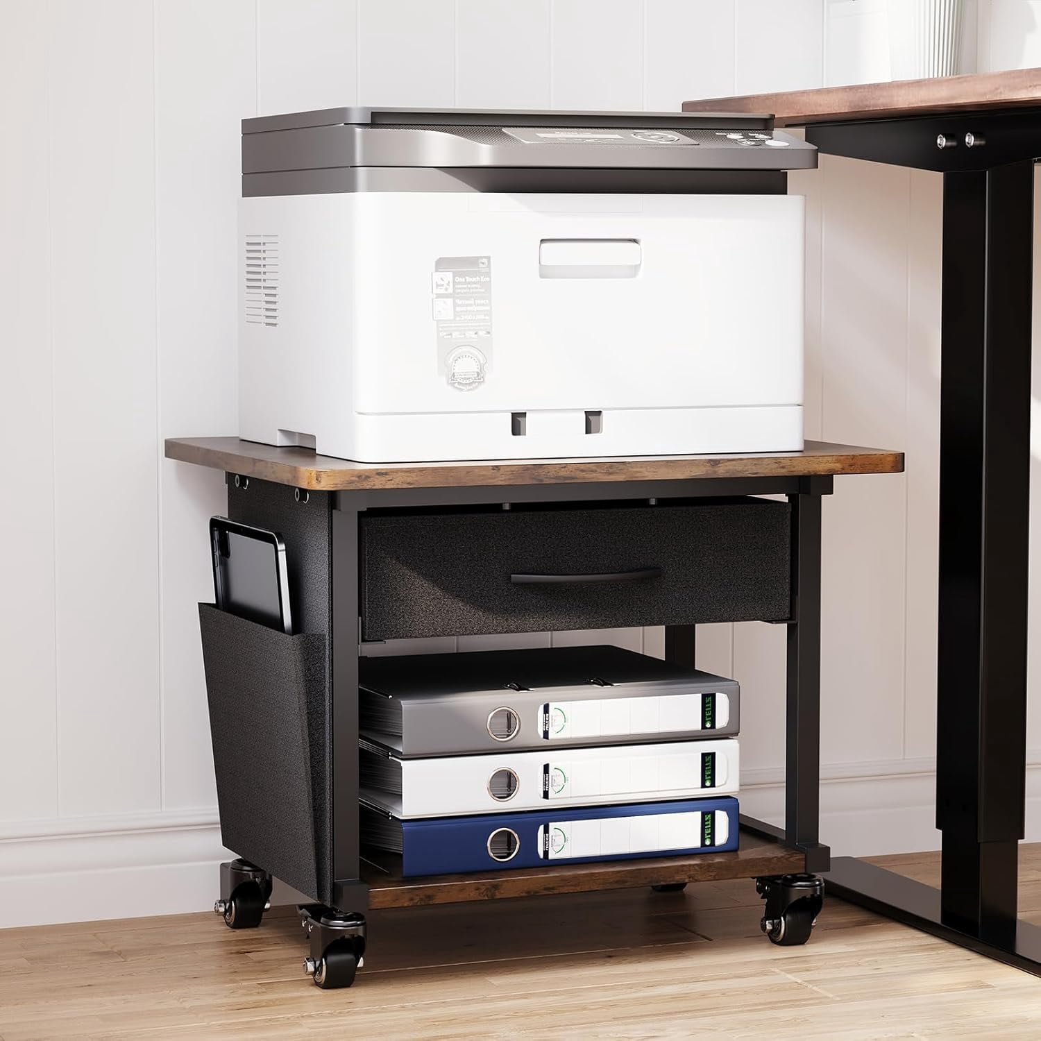 2 Tier Printer Stand with Storage Drawer - Under Desk Rolling Printer ...