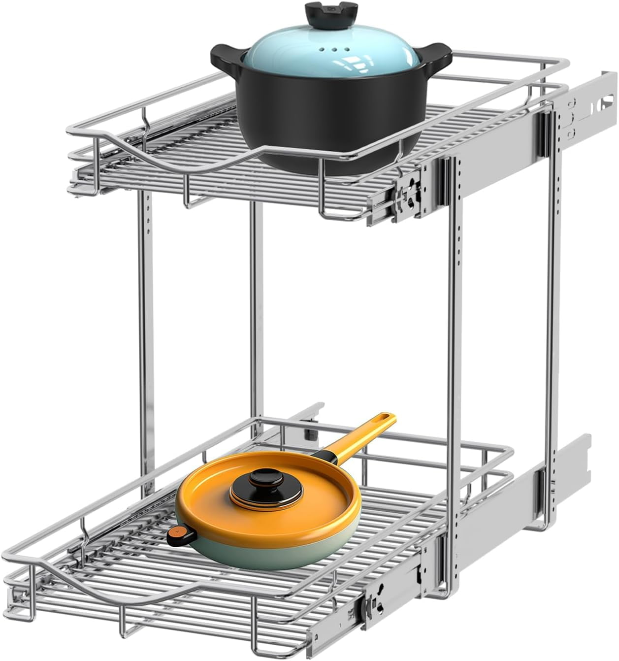 2 Tier Pull Out Cabinet Organizer (11" W x 18" D) Heavy-Duty Metal ...
