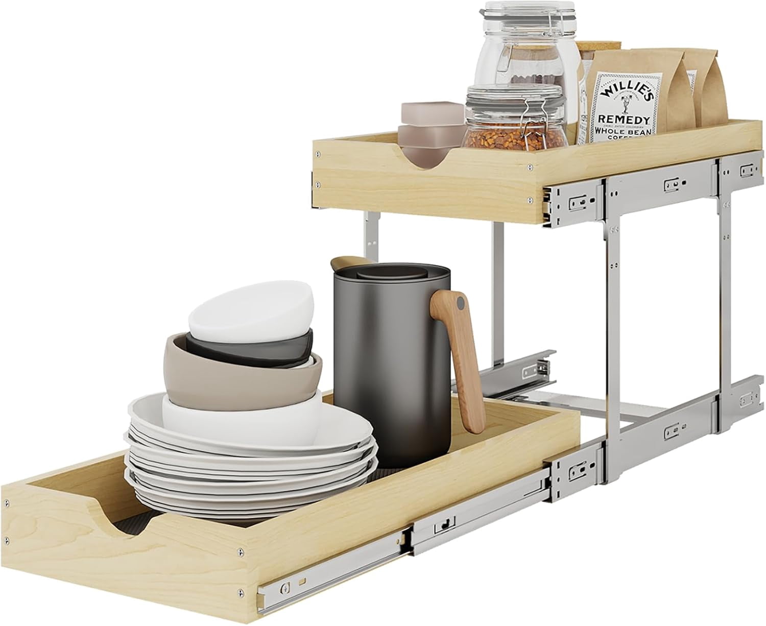 2 Tier Pull Out Cabinet Organizer,14" W x 21" D Wooden Cabinet Roll Out ...
