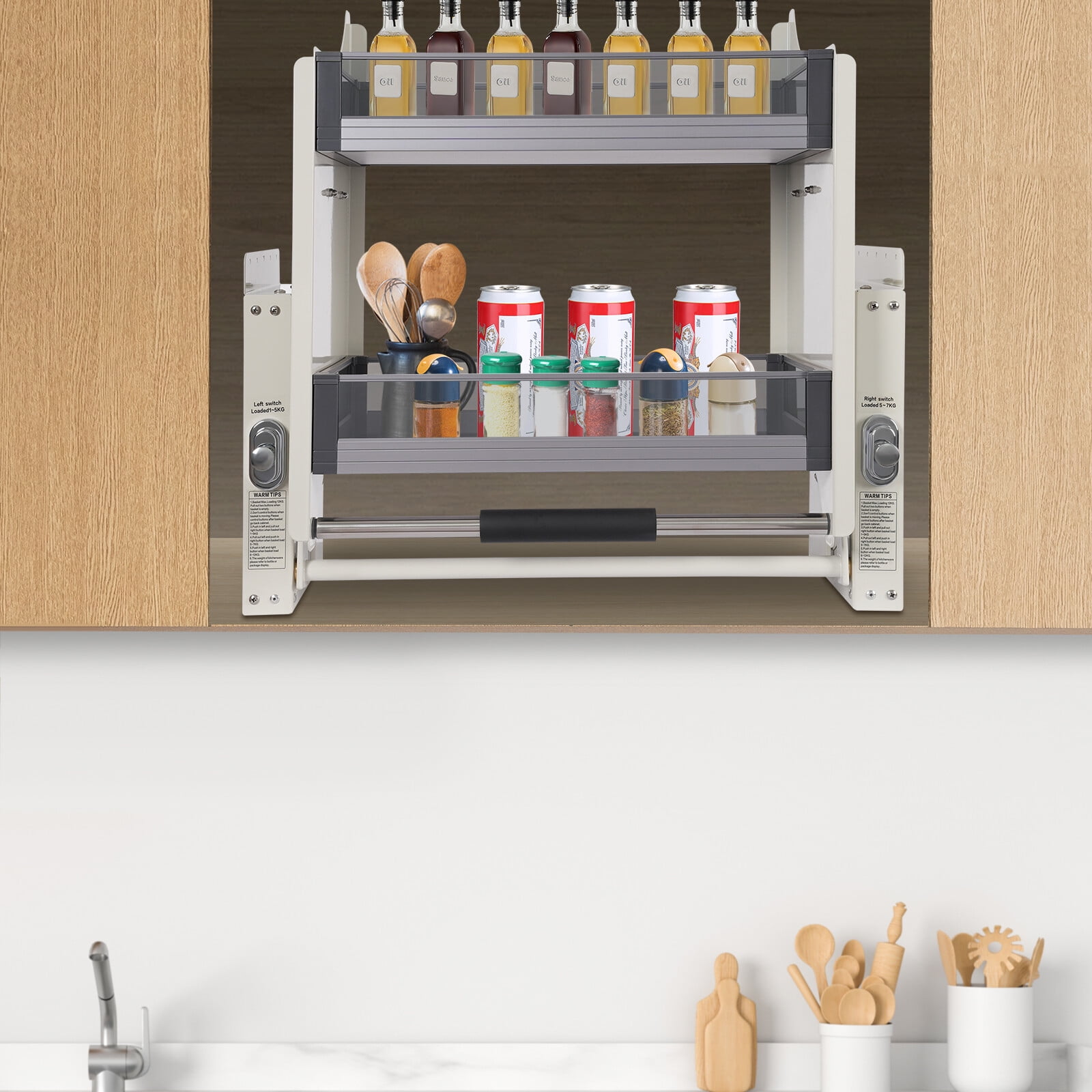 2-Tier Pull Down Cabinet Organizer, Adjustable Lift Assist Upper ...